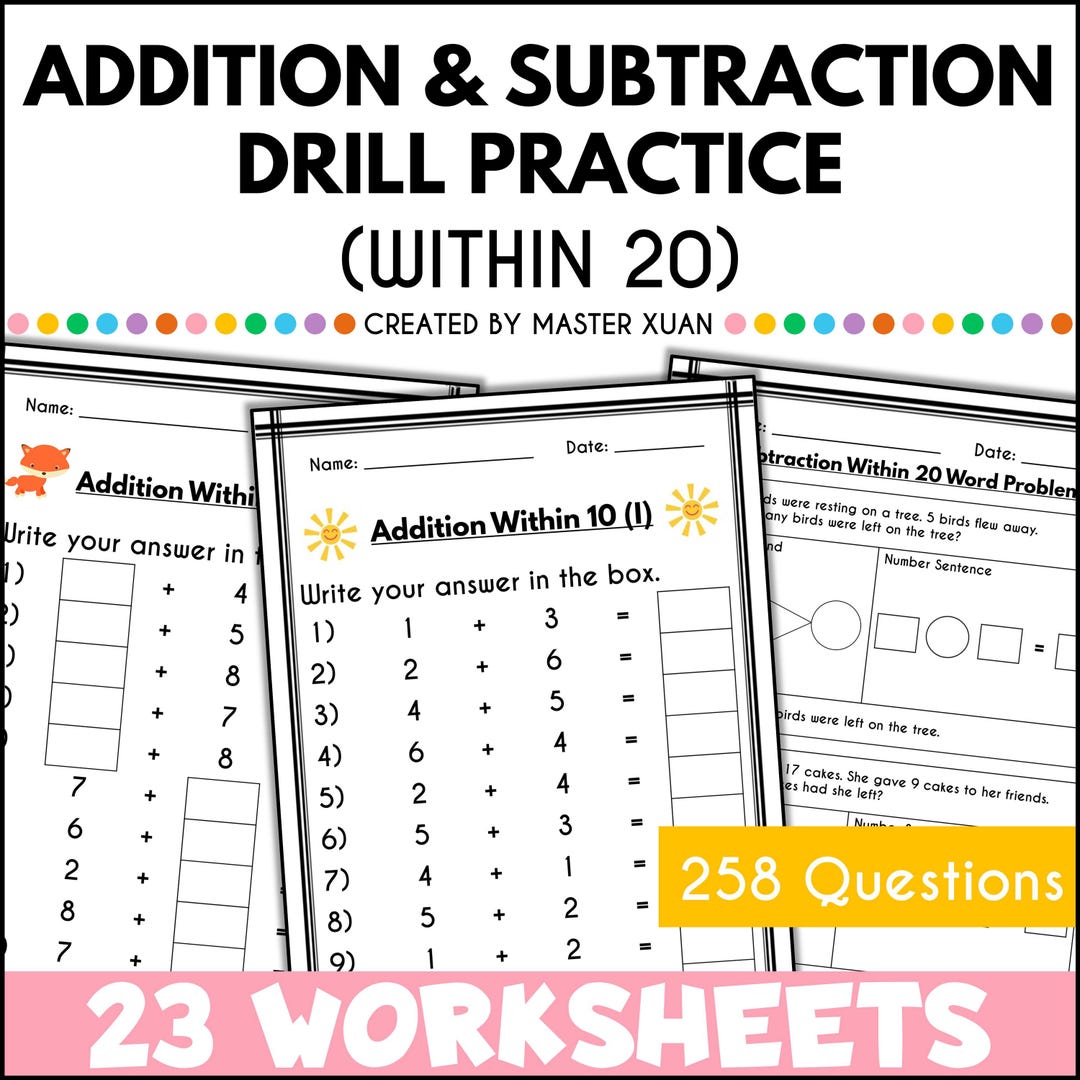 Addition and Subtraction to 20 Worksheets for 1st Grade Math Facts ...