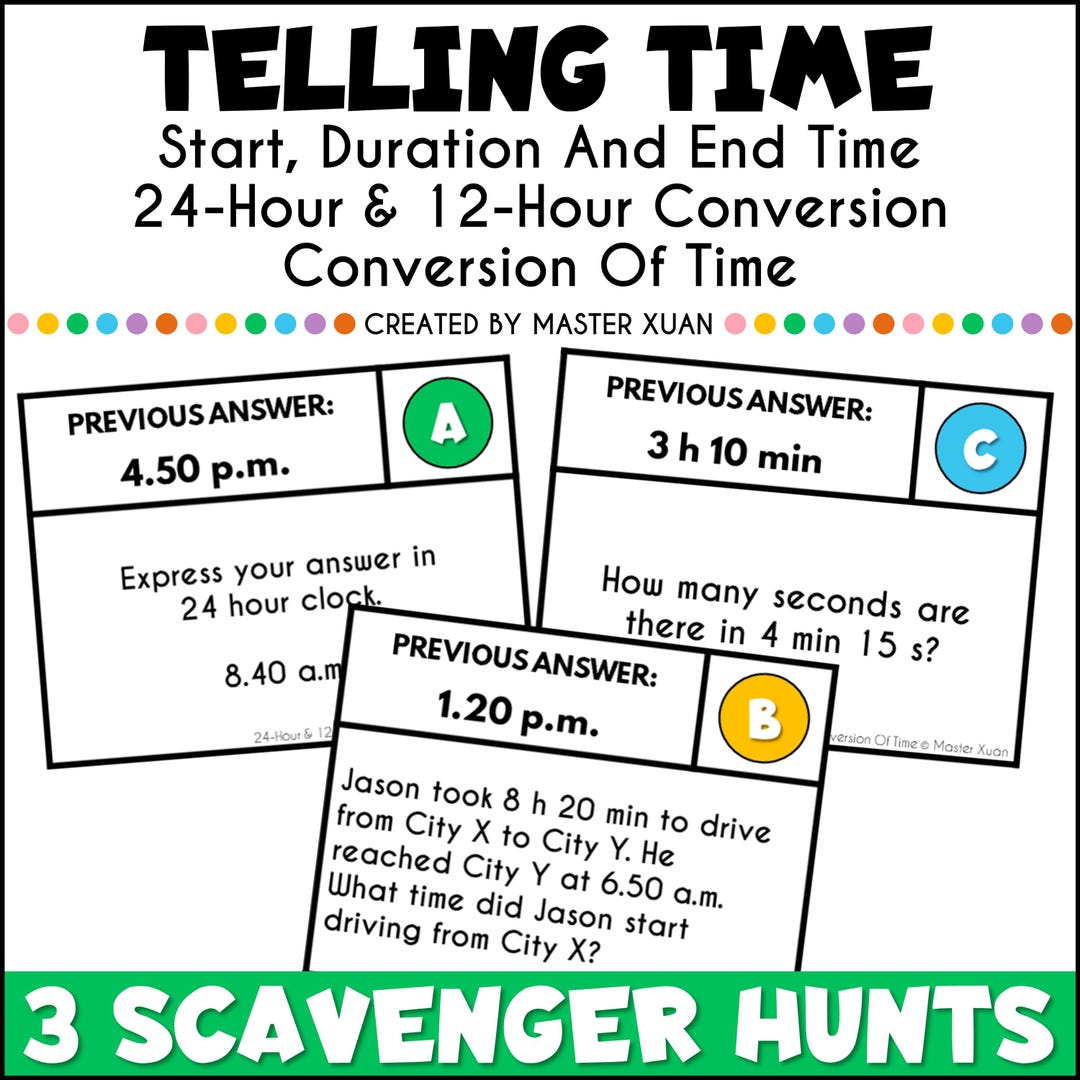 Telling Time Scavenger Hunt Games for 3rd Grade Math Activities for ...