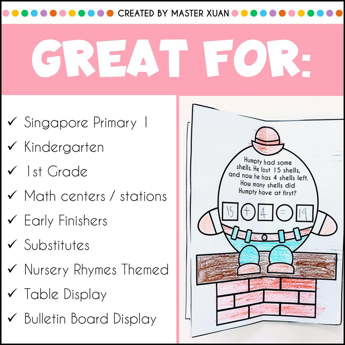 Addition and Subtraction up to 20 Word Problems Math Center 3D Humpty ...
