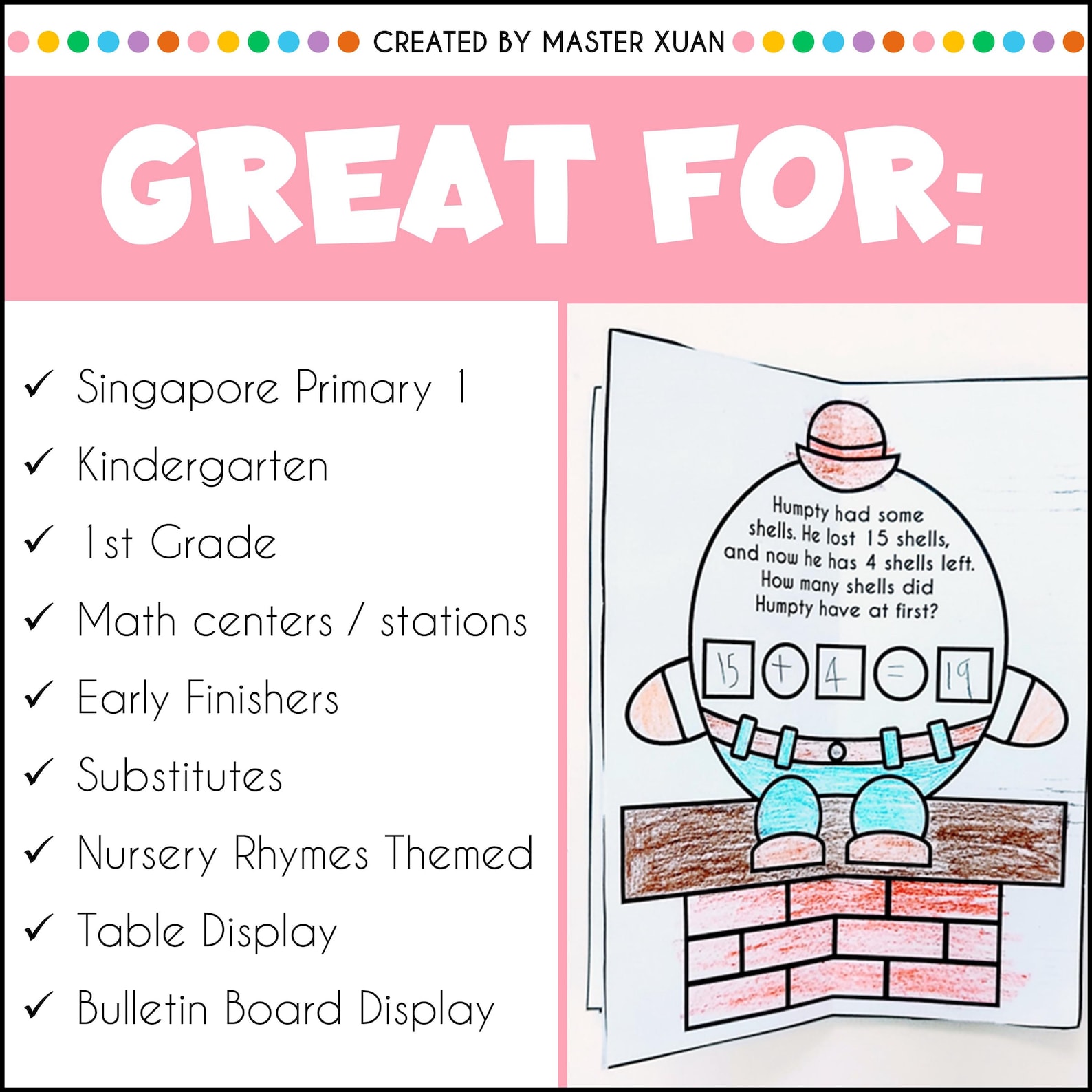 Addition and Subtraction up to 20 Word Problems Math Center 3D Humpty ...