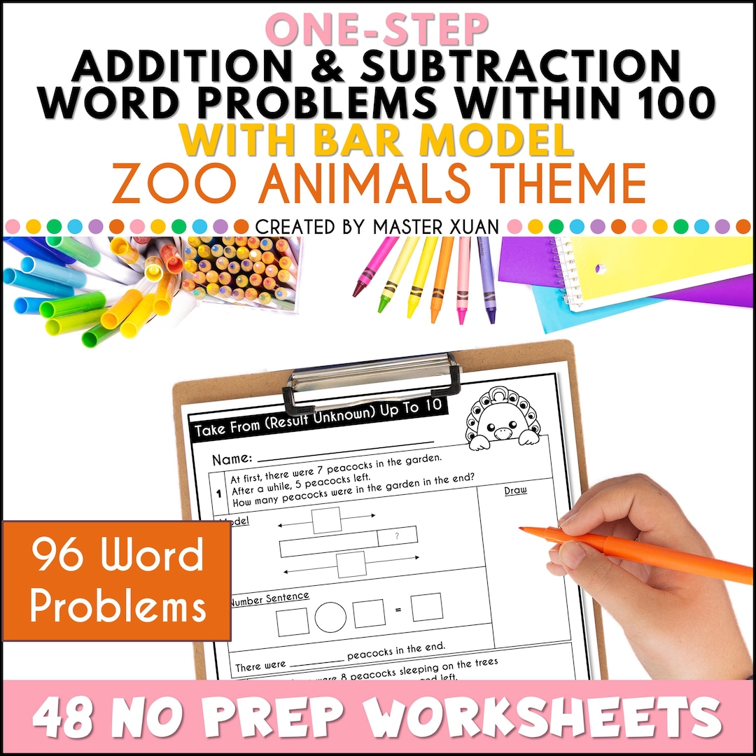 Addition and Subtraction Word Problems Within 100 Worksheet With Zoo ...