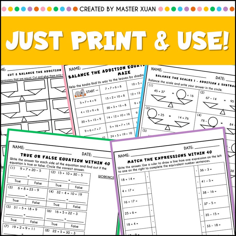 Koala Craft, Balancing & Solving One Step Equations With Addition and ...