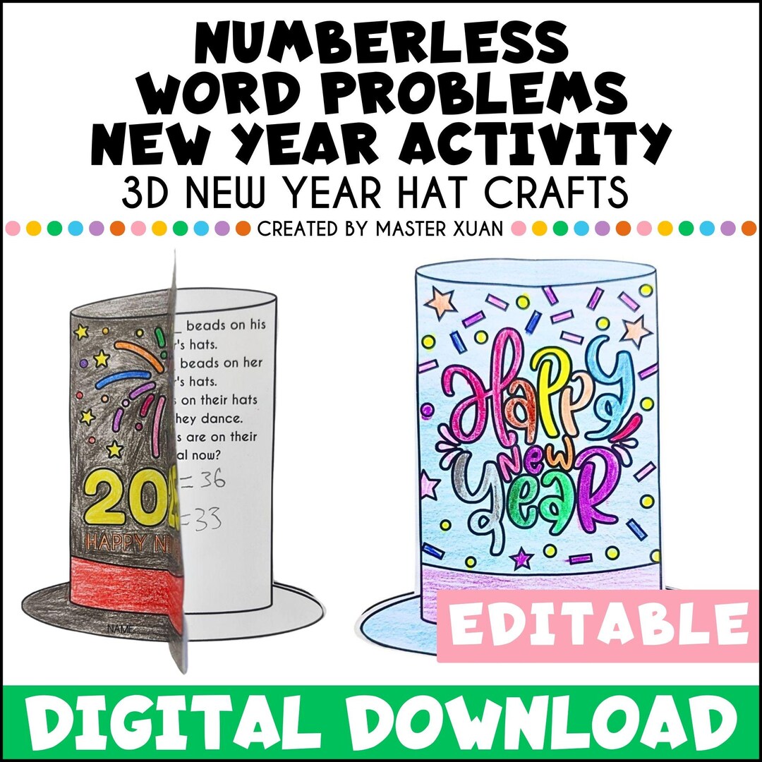 New Year Crafts for Kids 3D Paper Hat Printable Multi-step Numberless ...