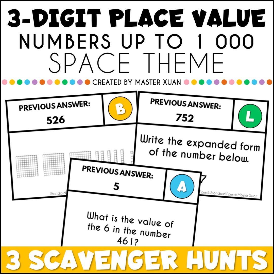 Math Scavenger Hunt Place Value Games for 2nd Grade Task Cards Numbers ...