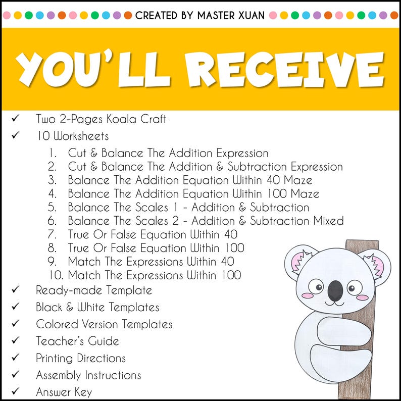 Koala Craft, Balancing & Solving One Step Equations With Addition and ...