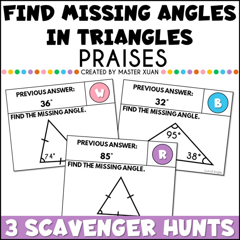 Find Unknown Angles in Triangles 5th Grade Math Scavenger Hunt Game for ...