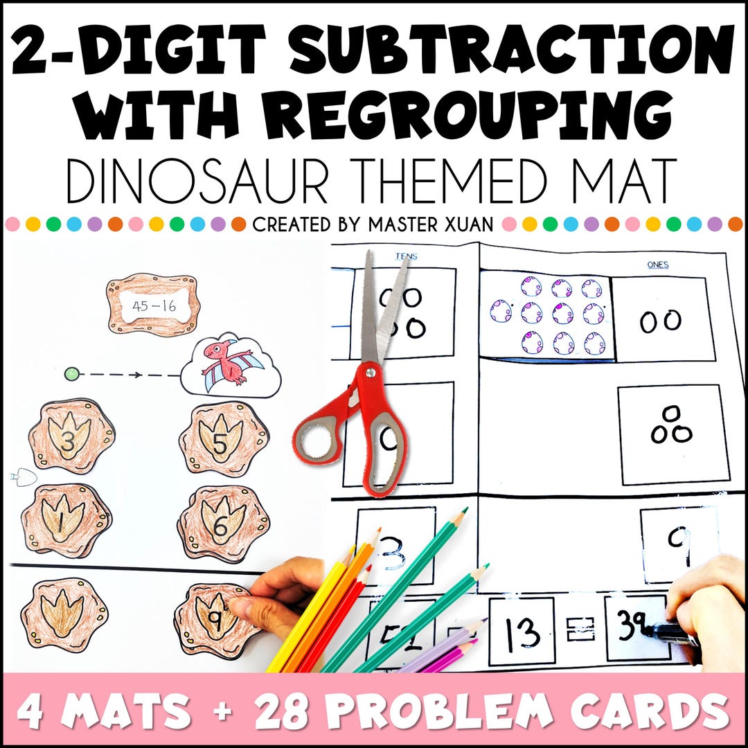 Double Digit Subtraction With Regrouping Mat 1st 2nd Grade Dinosaur ...