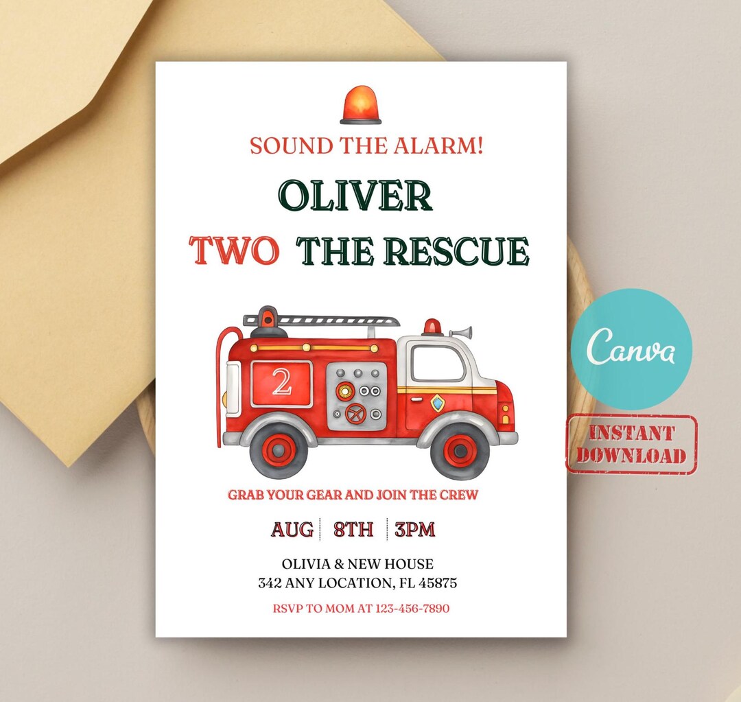 Fire Truck Birthday Invitation Template: Editable Fire Engine Invite ...