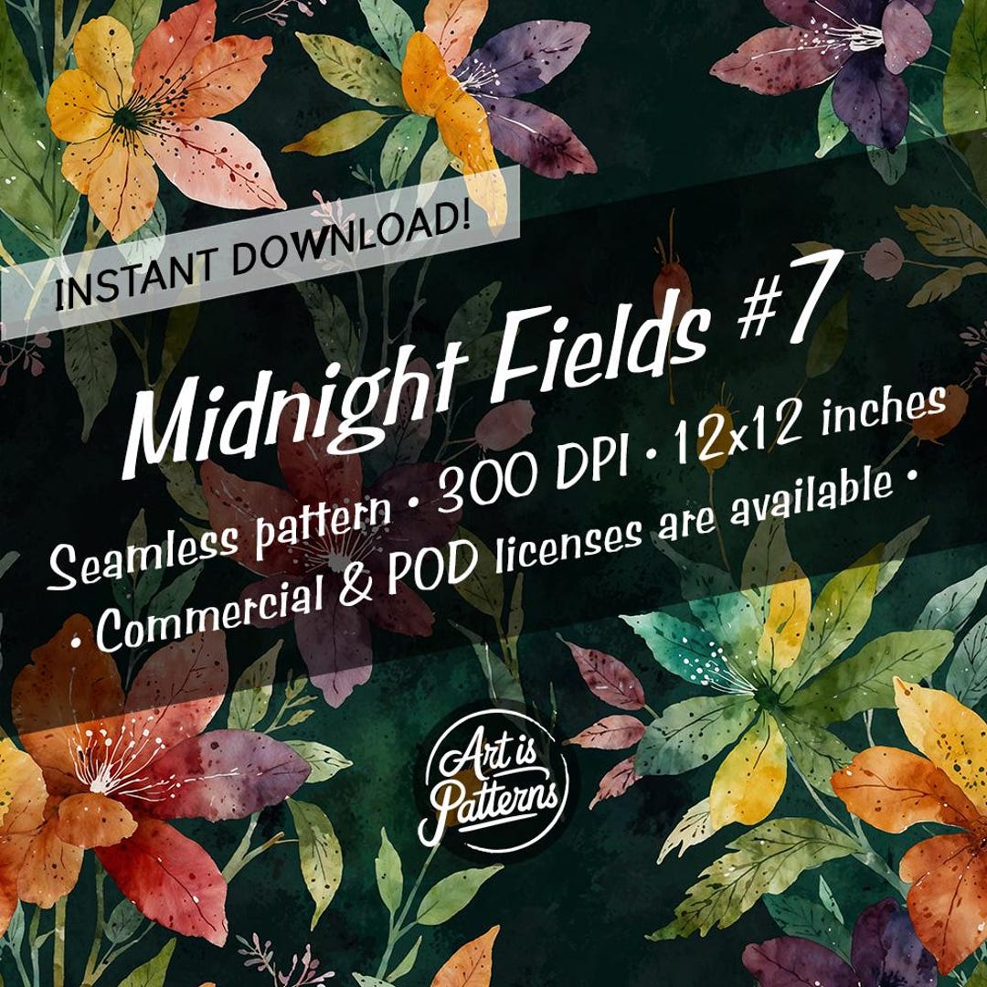 Midnight Fields 7 Vibrant Watercolor Floral & Botanical Seamless ...