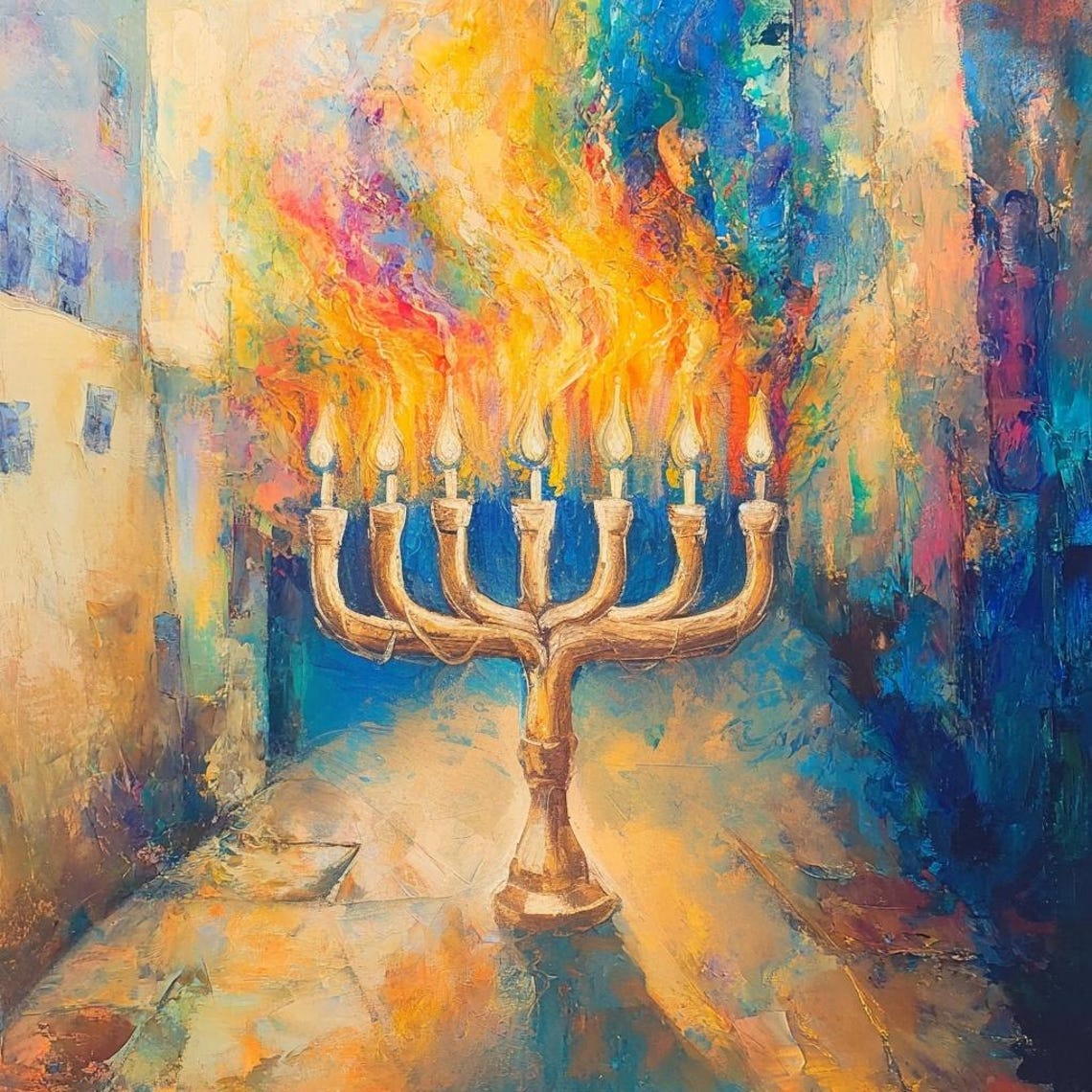 Colorful Menorah Canvas Art | Jewish Home Blessing Art | Jerusalem Old ...