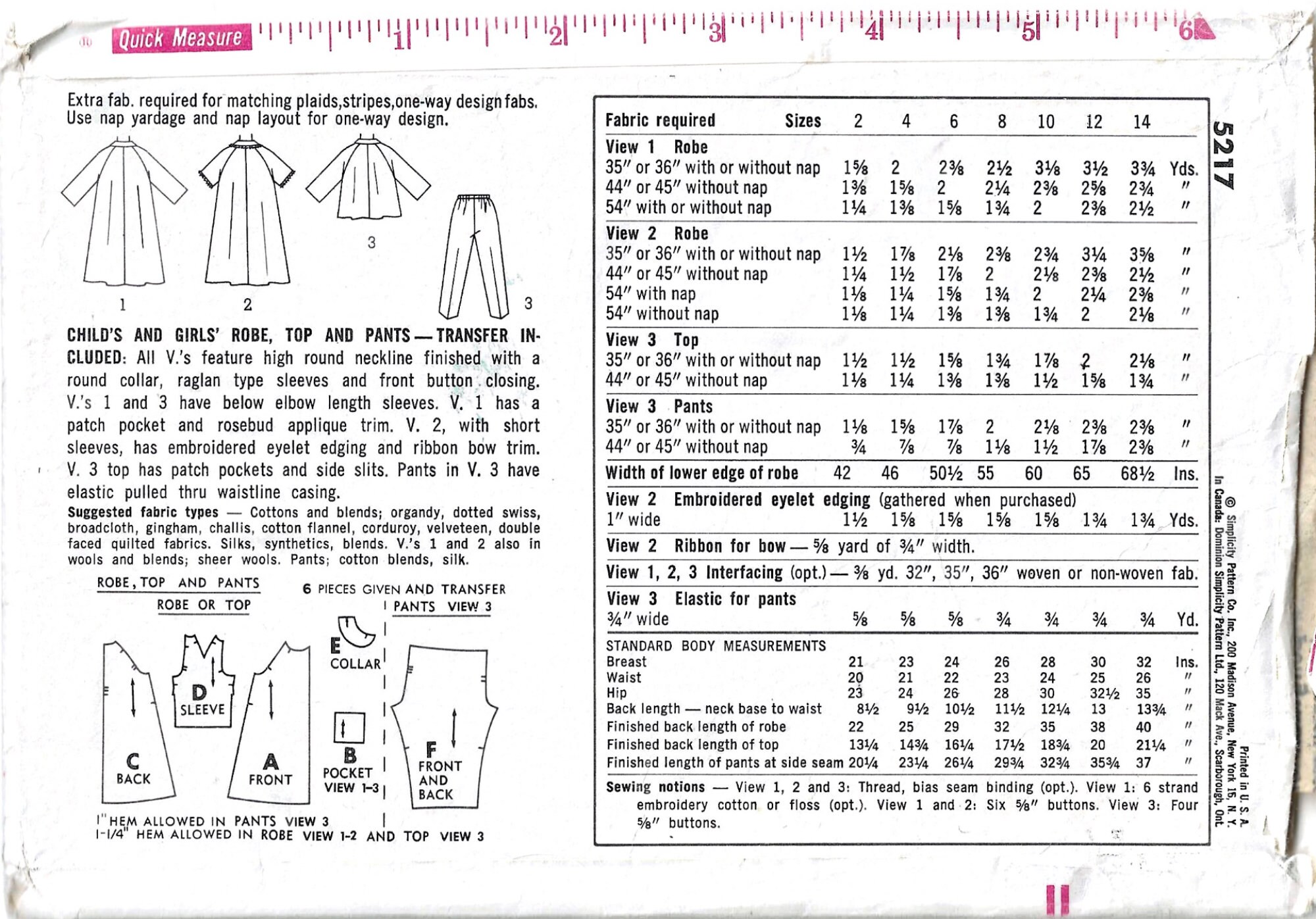 1960's Simplicity Sewing Pattern No. 5217 Girl Child's Robe or Short ...