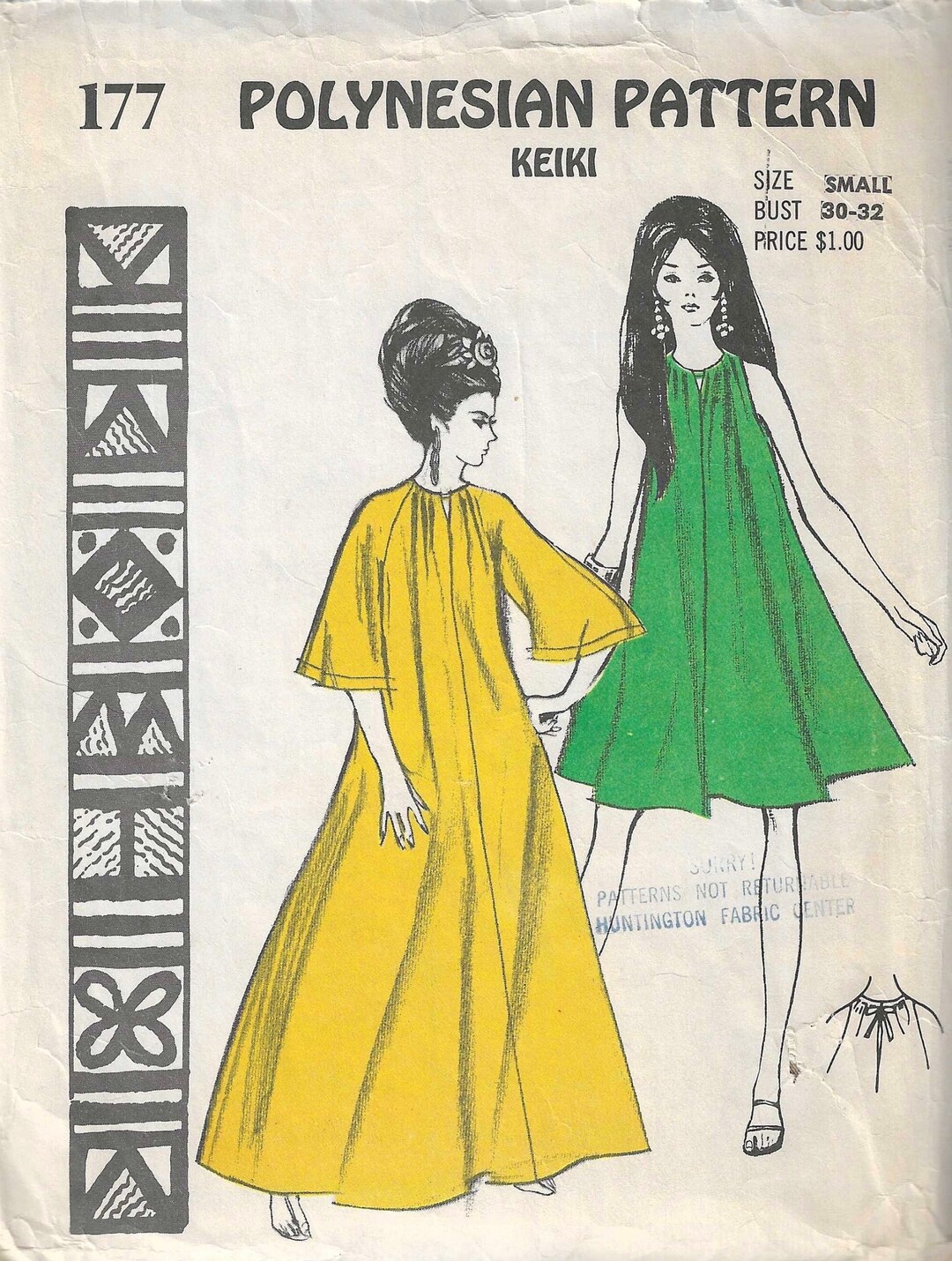 1960's Polynesian Pattern No. 177 Hawaiian Muumuu Tent Dress in Two Lengths Sleeveless or Wide ...