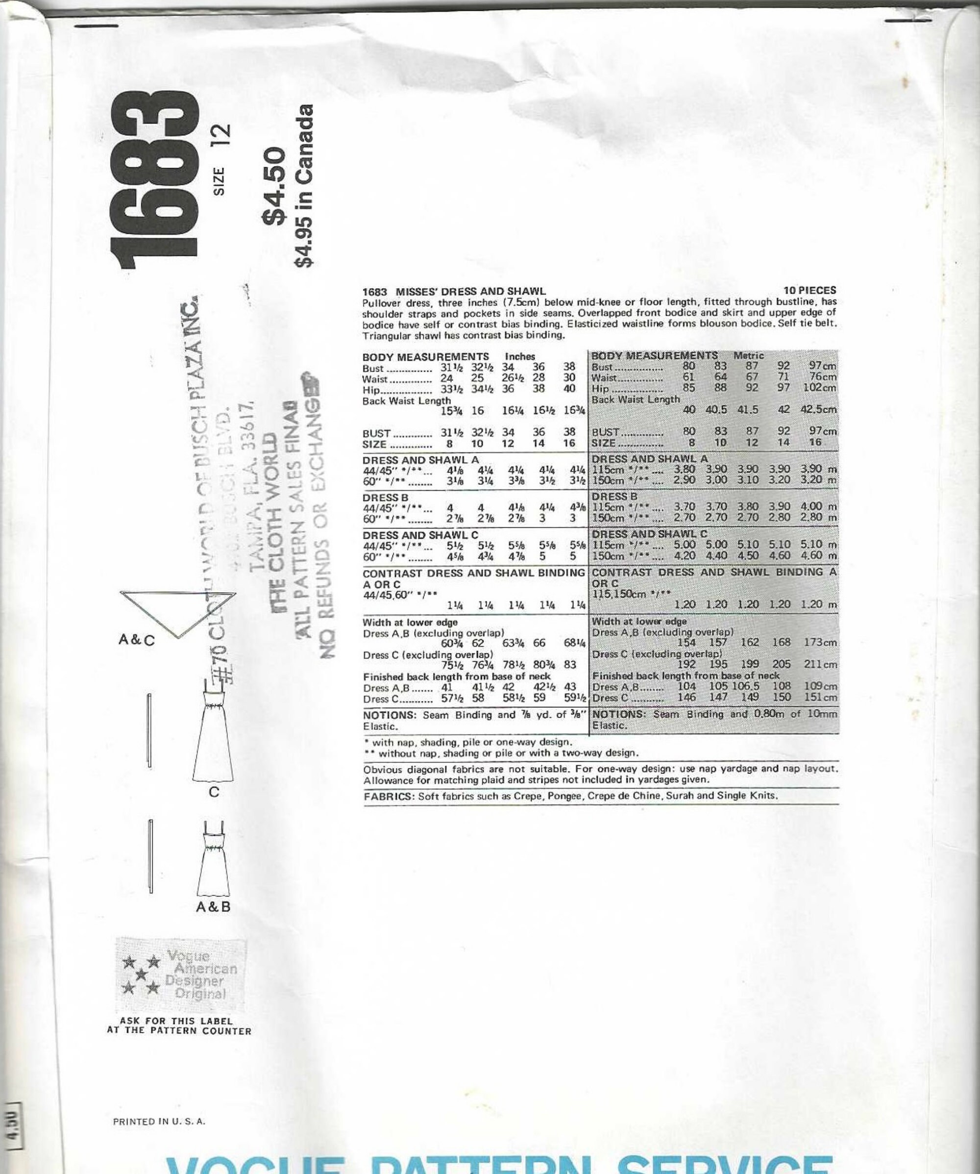 1970's Vogue Sewing Pattern No. 1683 American Designer Jerry Silverman ...