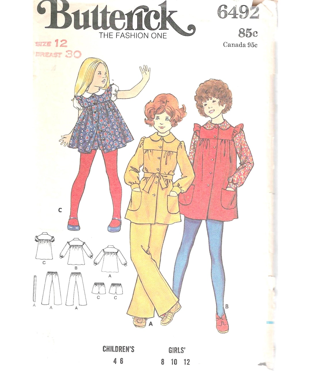 1970's Butterick Sewing Pattern No. 6492 Girl's Smock Dress With Flared ...