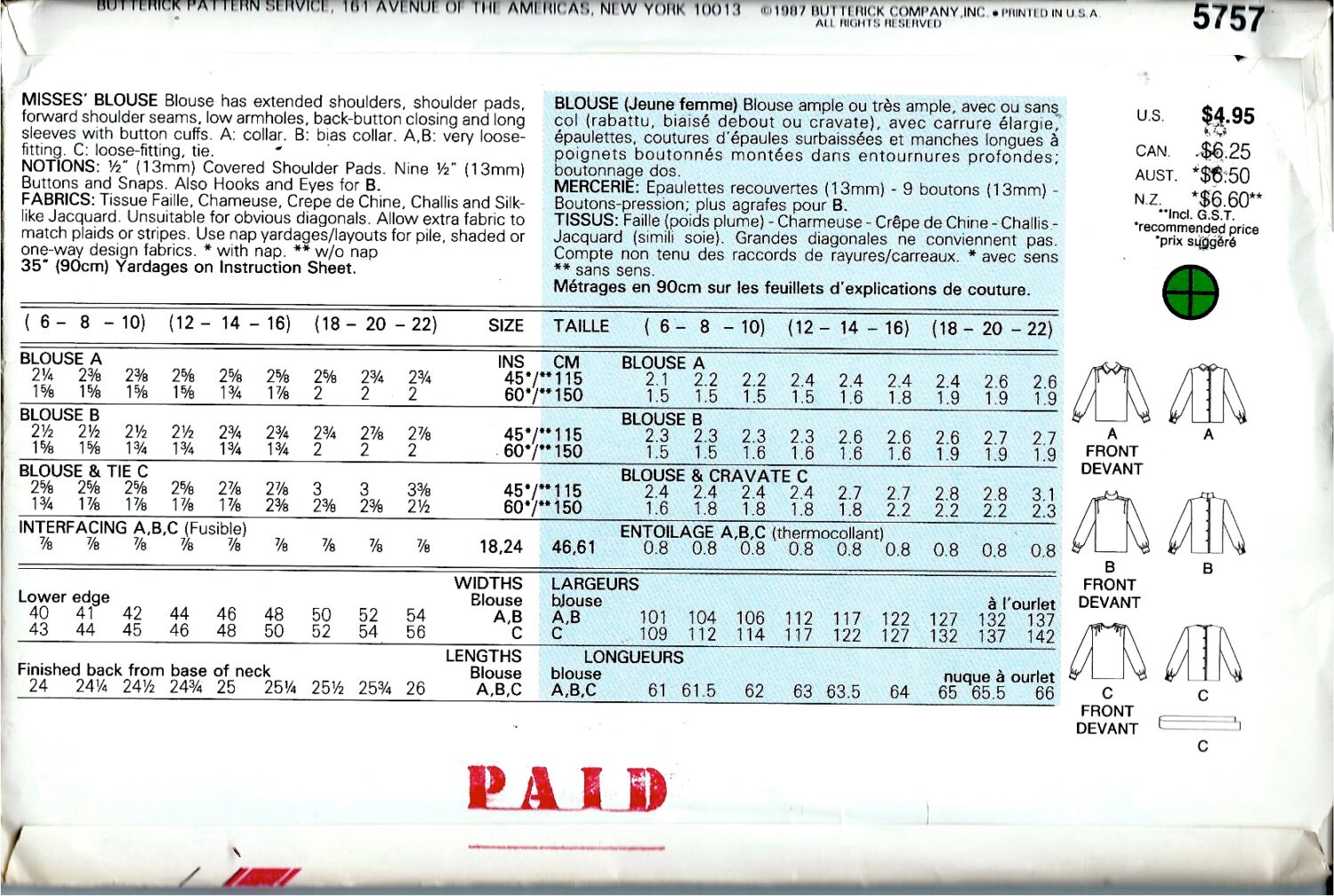 1980's Butterick Sewing Pattern No. 5757 Loose Fitting Blouse Extended ...
