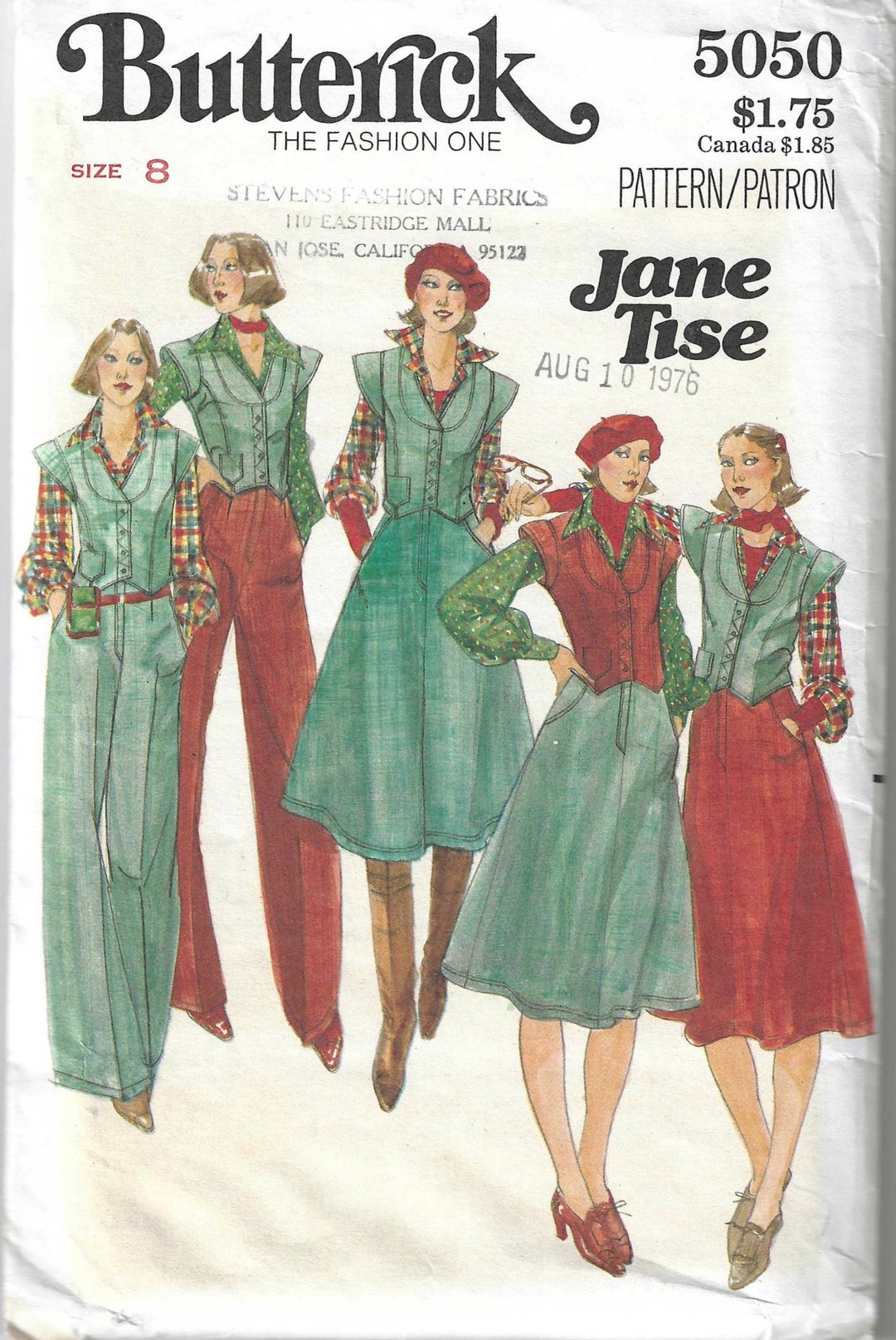 1970's Butterick Sewing Pattern No. 5050 by Jane Tise Fitted Vest With ...