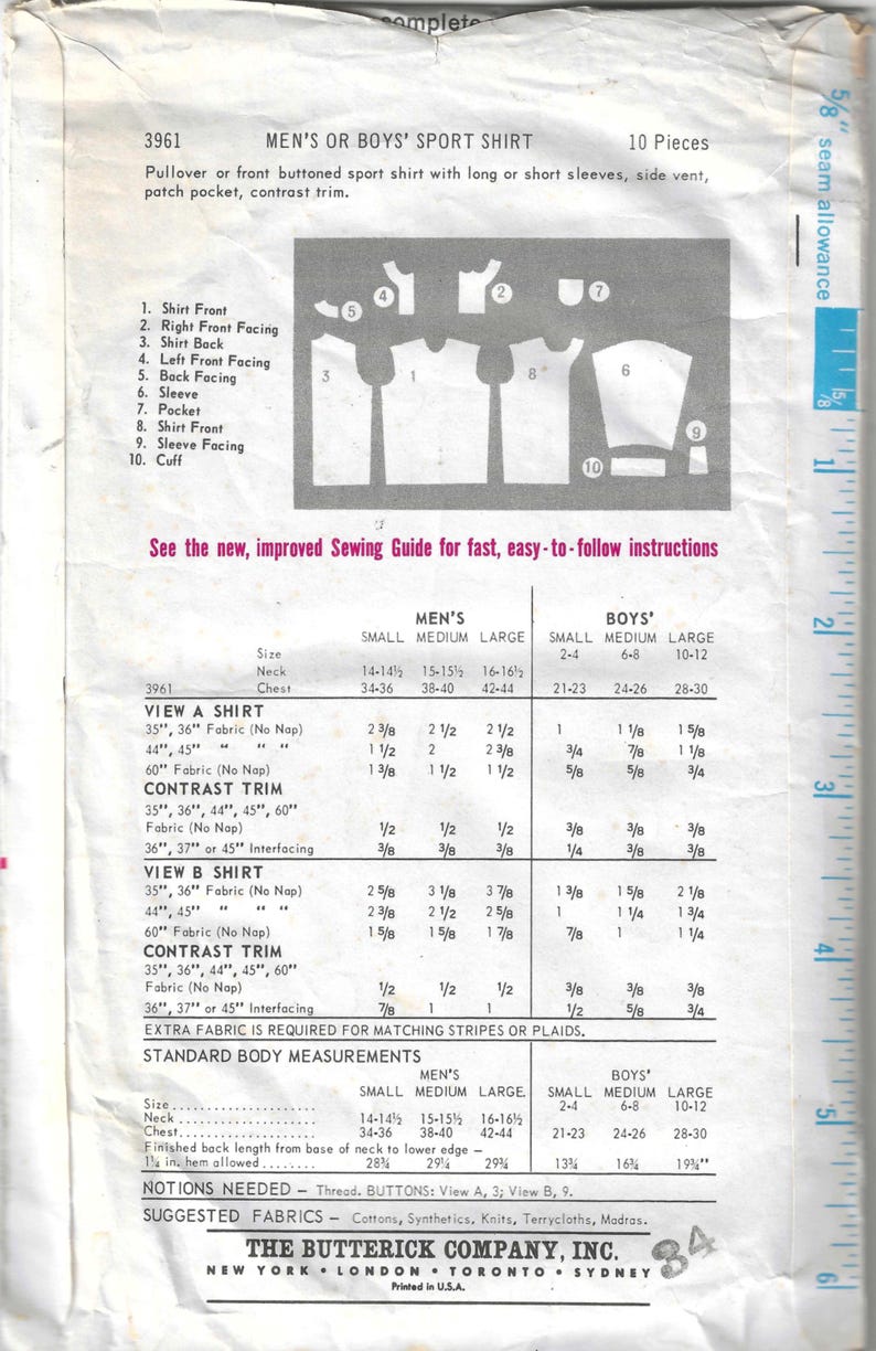 1960's Butterick Sewing Pattern 3961 Men's Pullover or Button Front ...