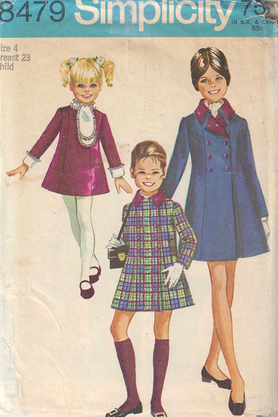 1969 Double Breasted Girl's Coat With Collar and Cuffs Simplicity 8479 ...