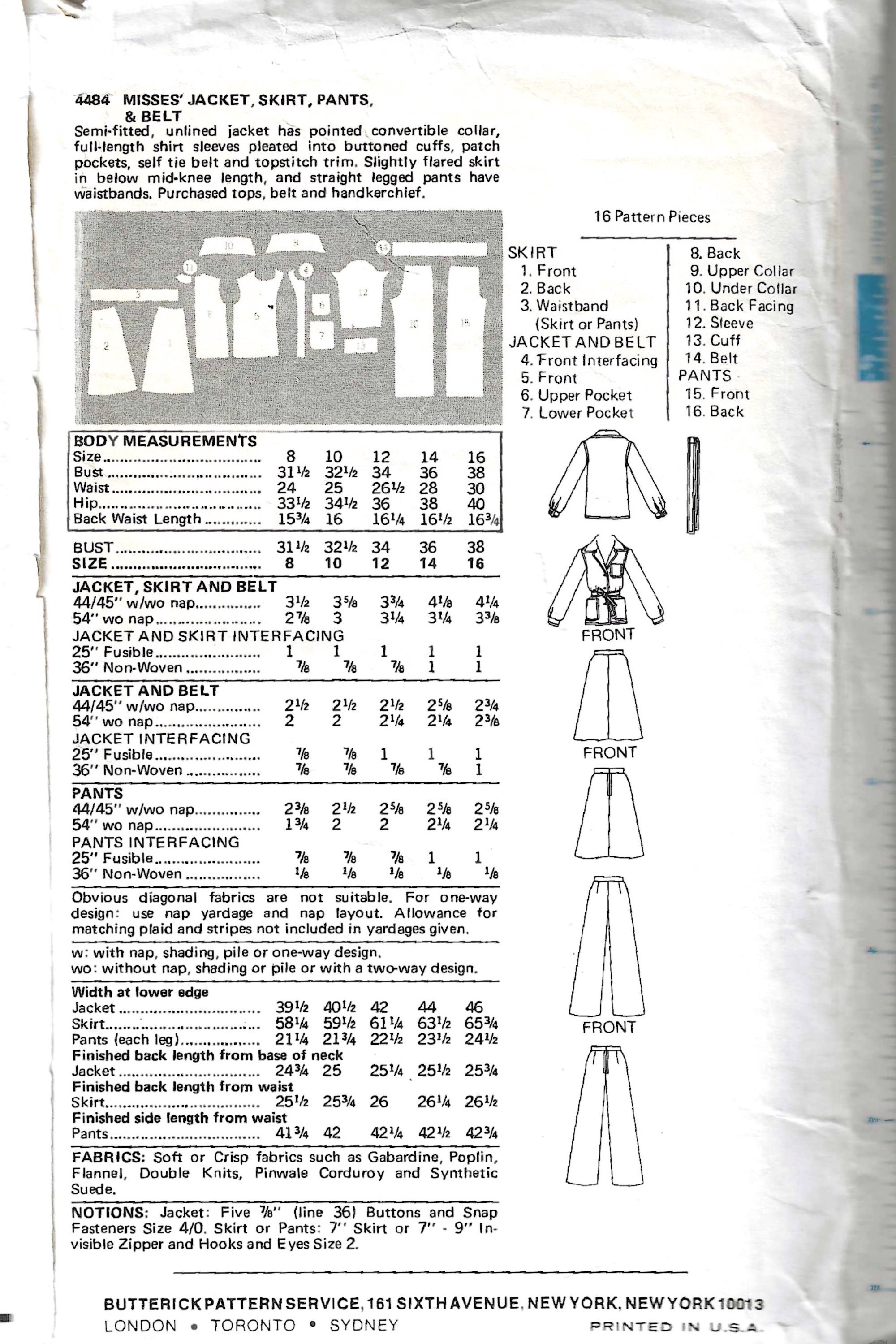 1976 Butterick No. 4484 Sewing Pattern Semi-fitted Jacket - Etsy