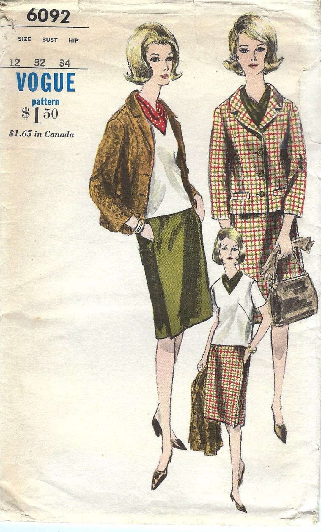 1960's Vogue Sewing Pattern No. 6092 Suit Jacket Slim Skirt V-neck ...