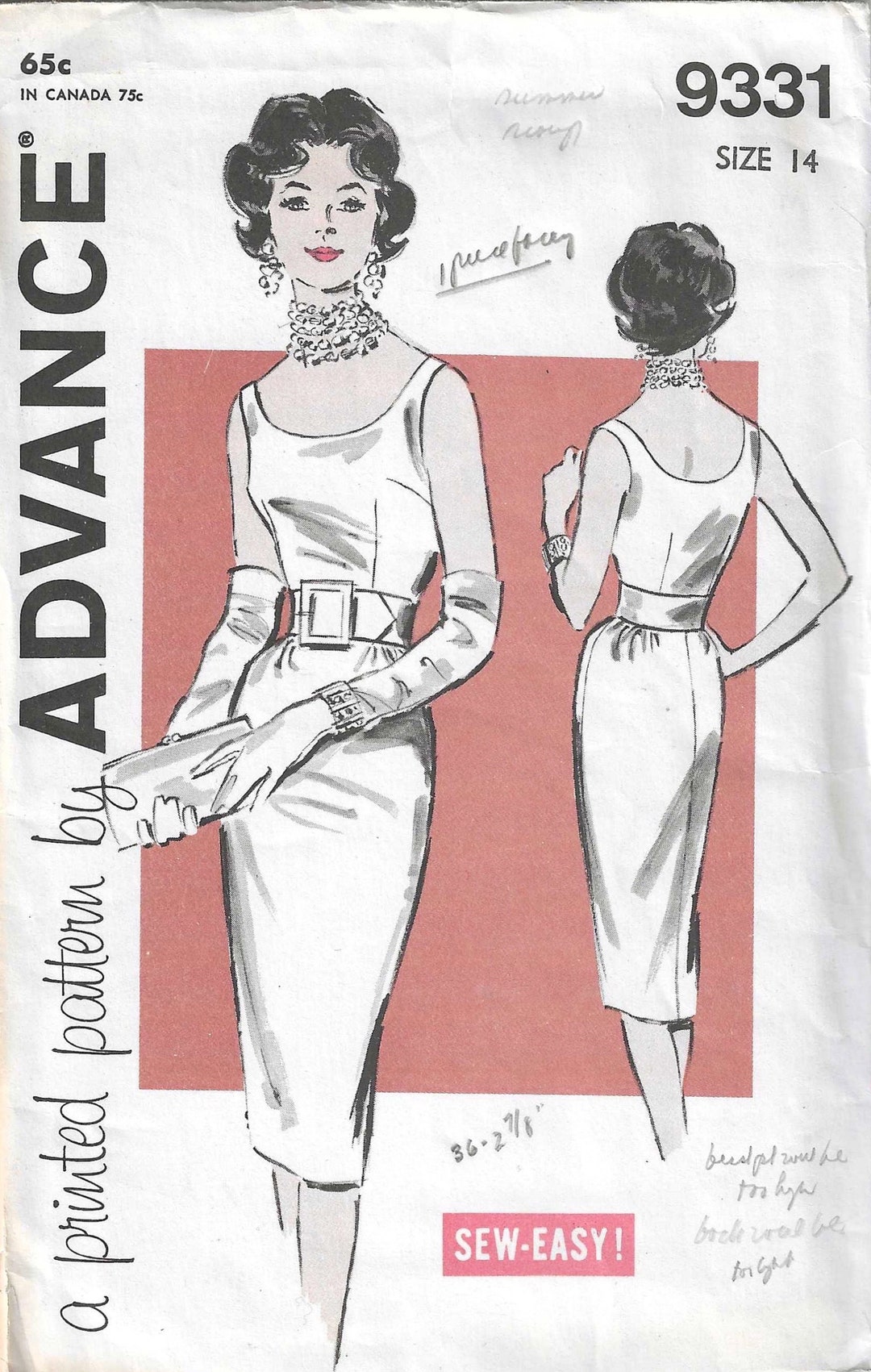 1960 Advance 9331 Sewing Pattern Fitted Sleeveless Sheath Dress With ...