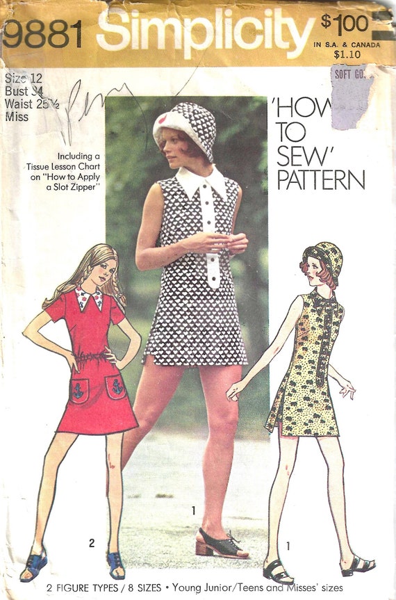 1972 Simplicity 9881 Sewing Pattern Mod Sleeveless Mini Dress | Etsy