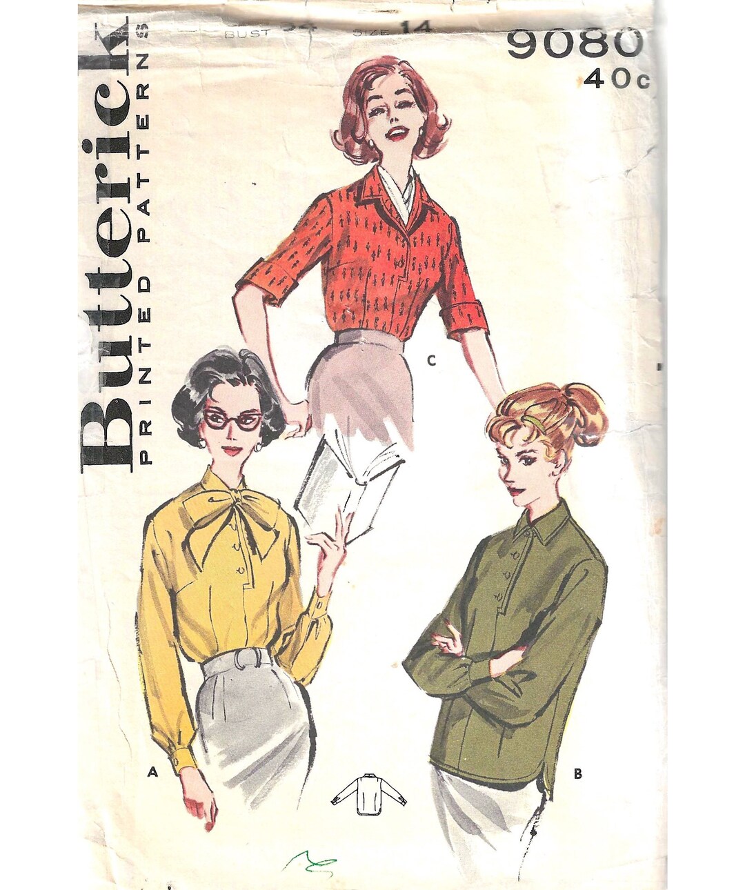 1960's Classic Blouse Butterick 9080 Sewing Pattern Pussycat Bow Tie or ...