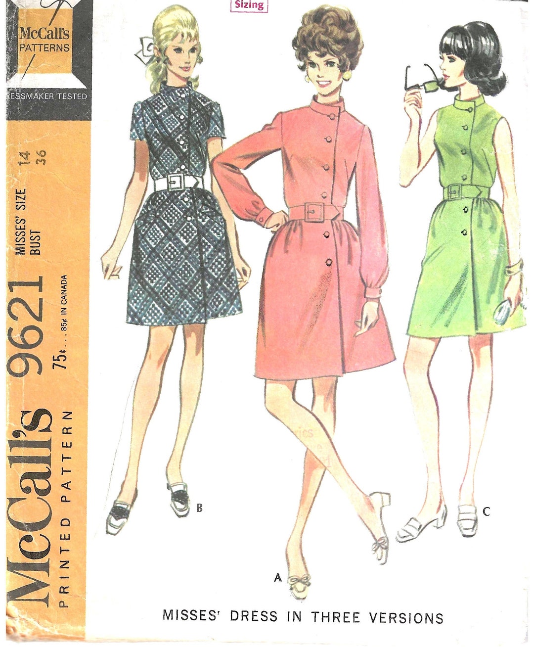 1960's Mccall's Sewing Pattern No. 9621 Mod Dress With Left Side Button ...