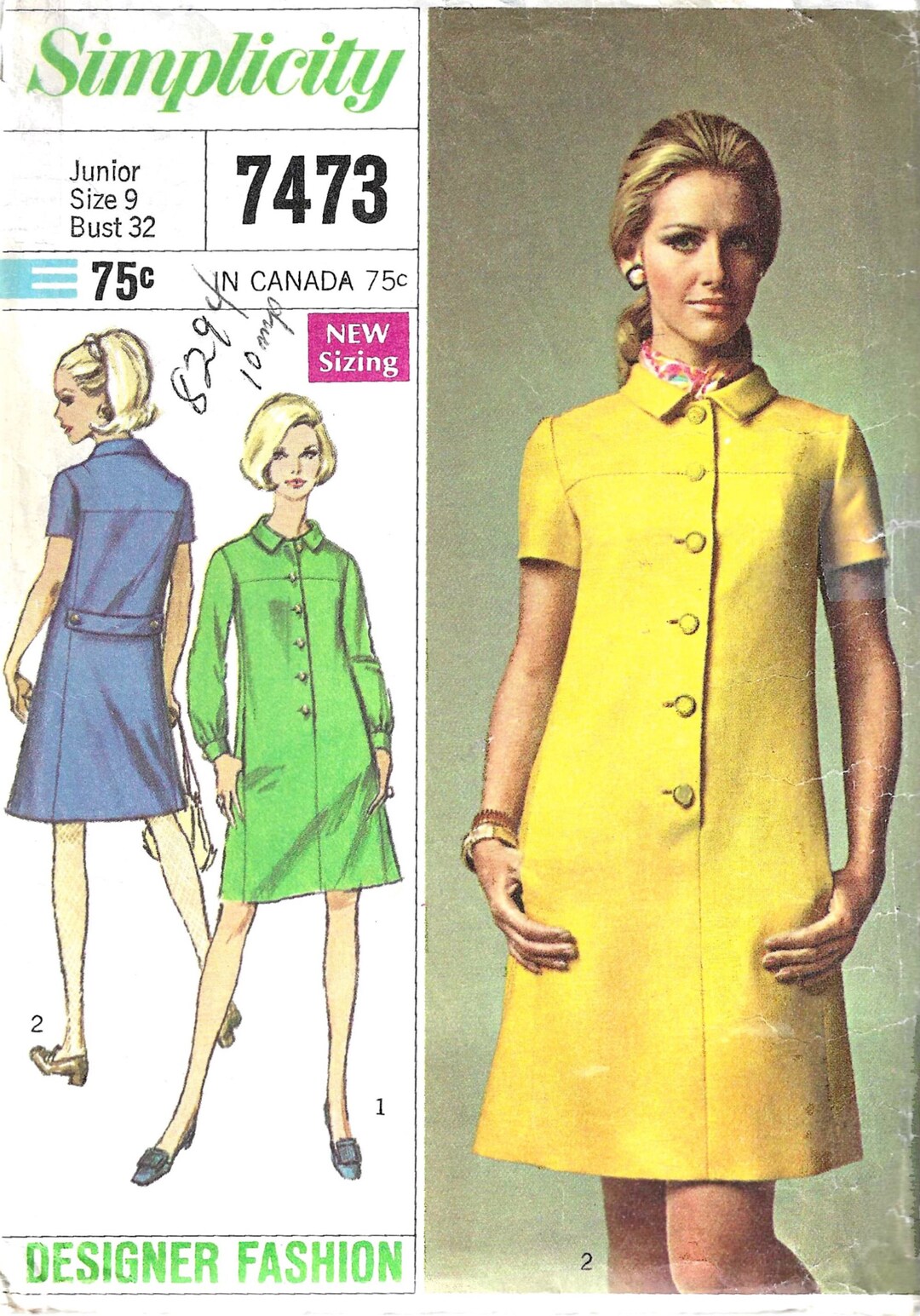 1967 Simplicity Sewing Pattern 7473 Mod Dress Button Down Front Bias ...