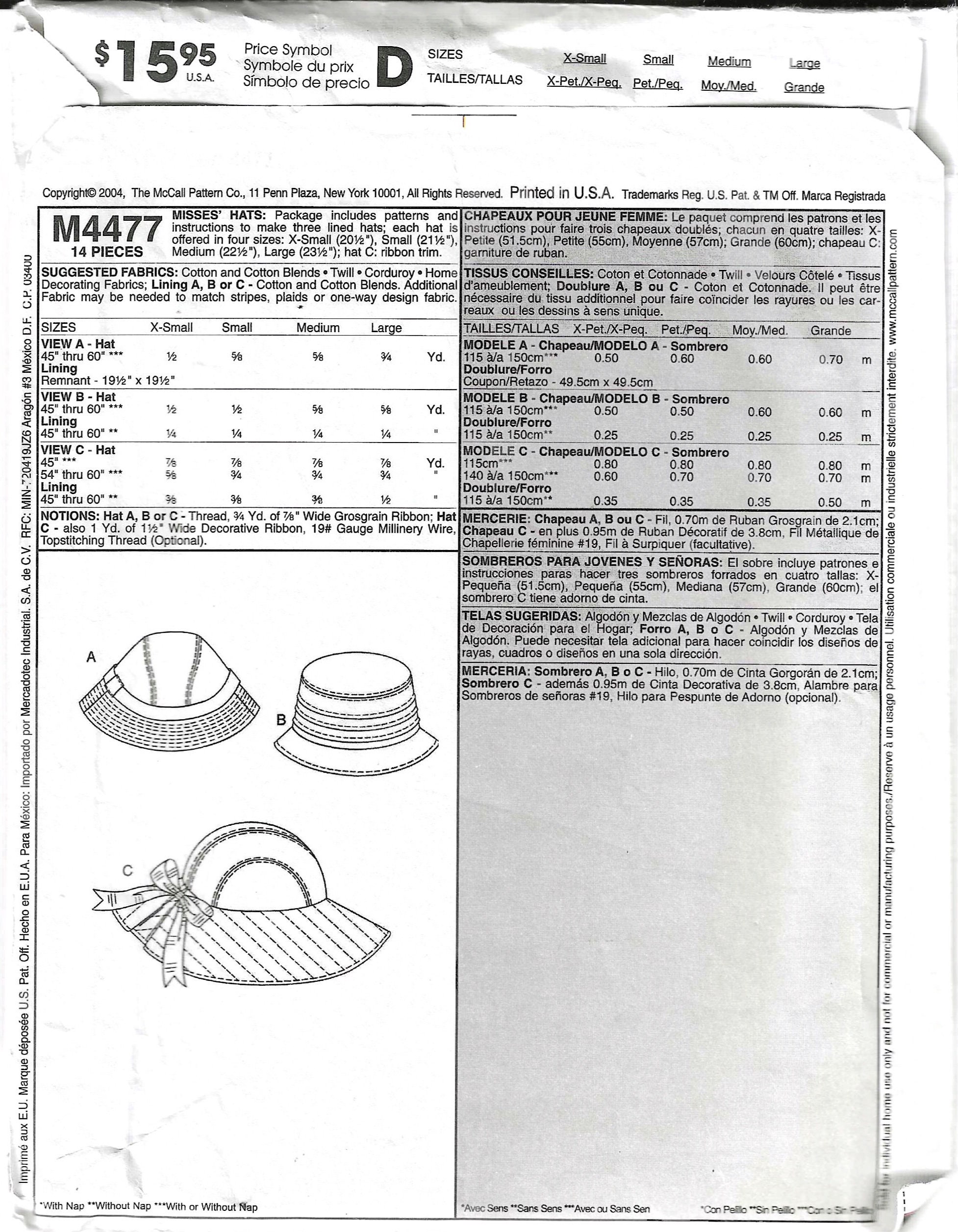 Three Lined Hats in All Sizes Mccall's M4477 Sewing Pattern Chapeaux Four Jeune Femme Hats With ...