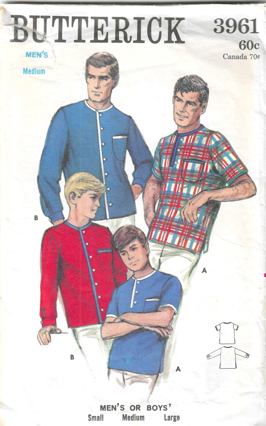 1960's Butterick Sewing Pattern 3961 Men's Pullover or Button Front ...