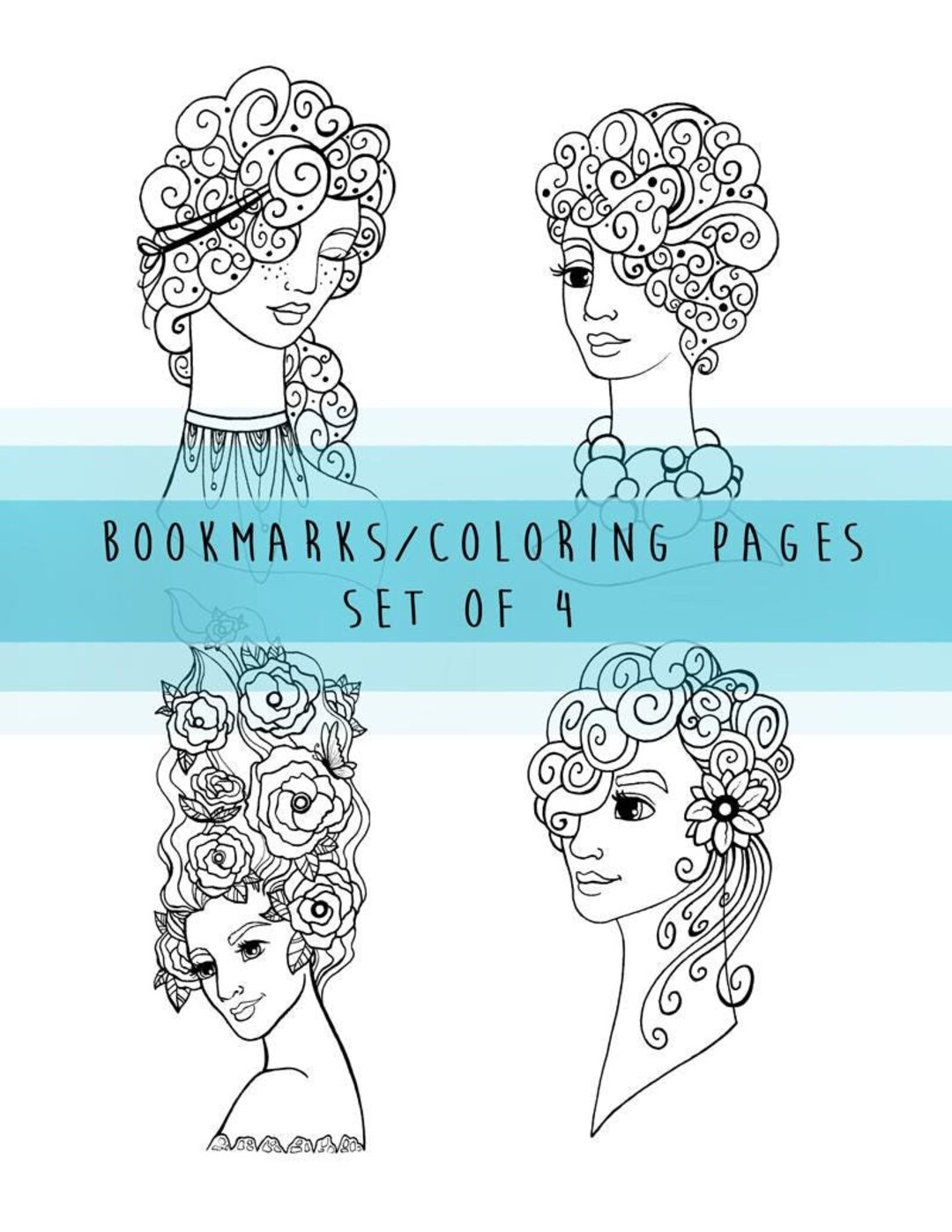 Lady Coloring Page Bookmarks, Set of 4 Fancy Floral Women - Etsy