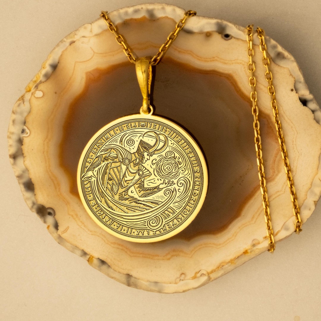 14k Solid Gold Loki Pendant: Norse God of Mischief - Horned Helm Design ...