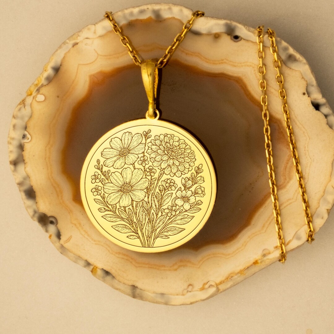 14k Solid Gold October Birth Flower Necklace, Gold Plated Marigold ...