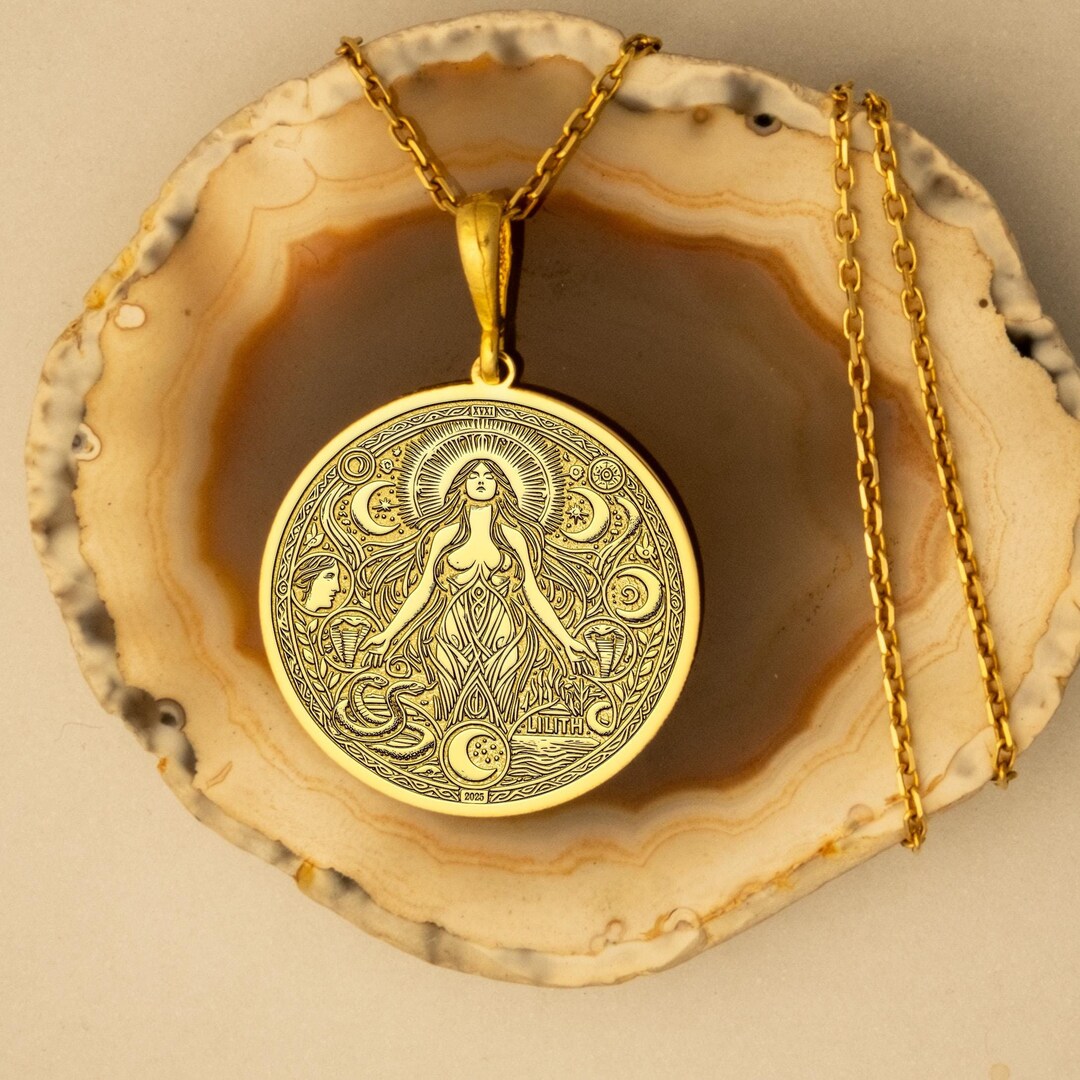 14k Solid Gold Lilith Pendant: Silver Crescent Moon and Serpent Design ...