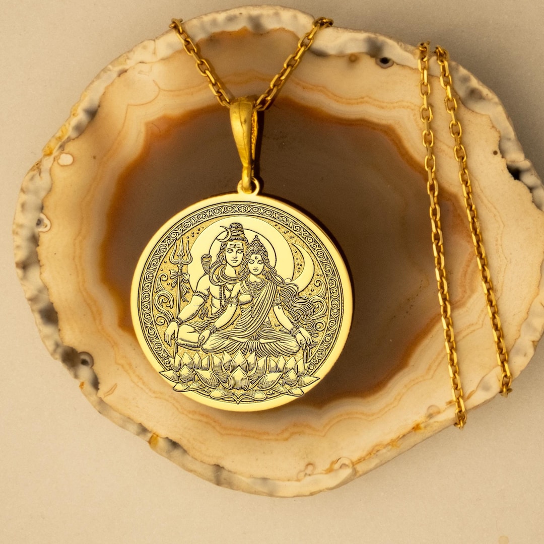 Gold Plated Shiva and Parvati Medallion Necklace - Hindu Mythology Love ...