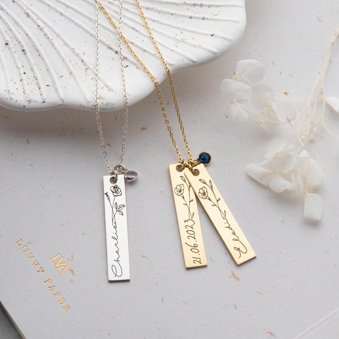 14K Gold Personalized Birth Flower Vertical Bar Necklace, Custom ...