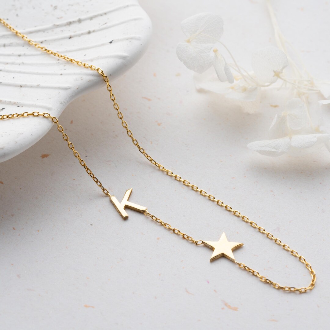 14K Gold Sideways Initial Necklace, Extra Tiny Initial Necklace ...