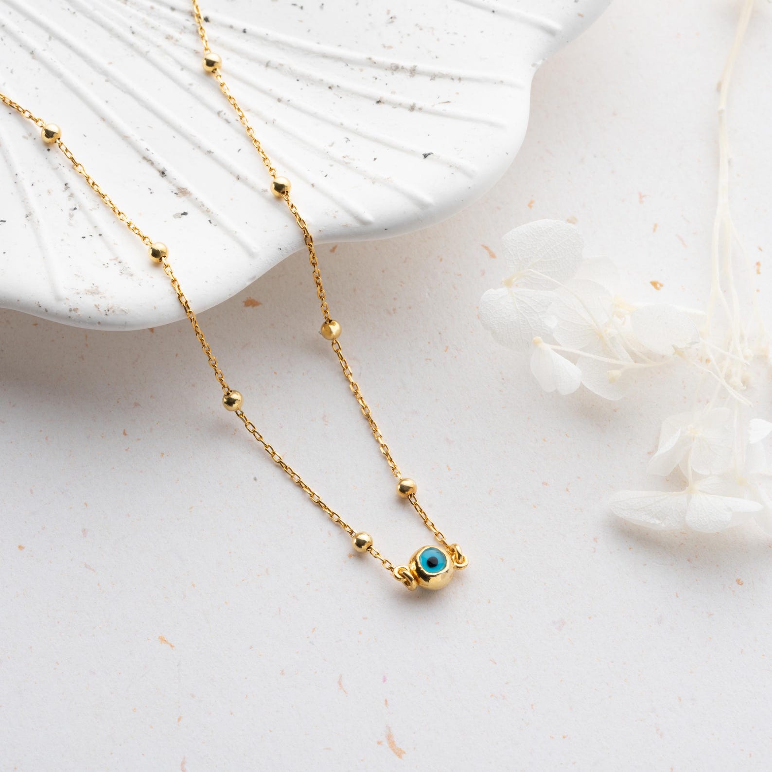 Evil Eye Ball Chain Necklace, 14K Gold Turkish Evil Eye Pendant, Nazar ...