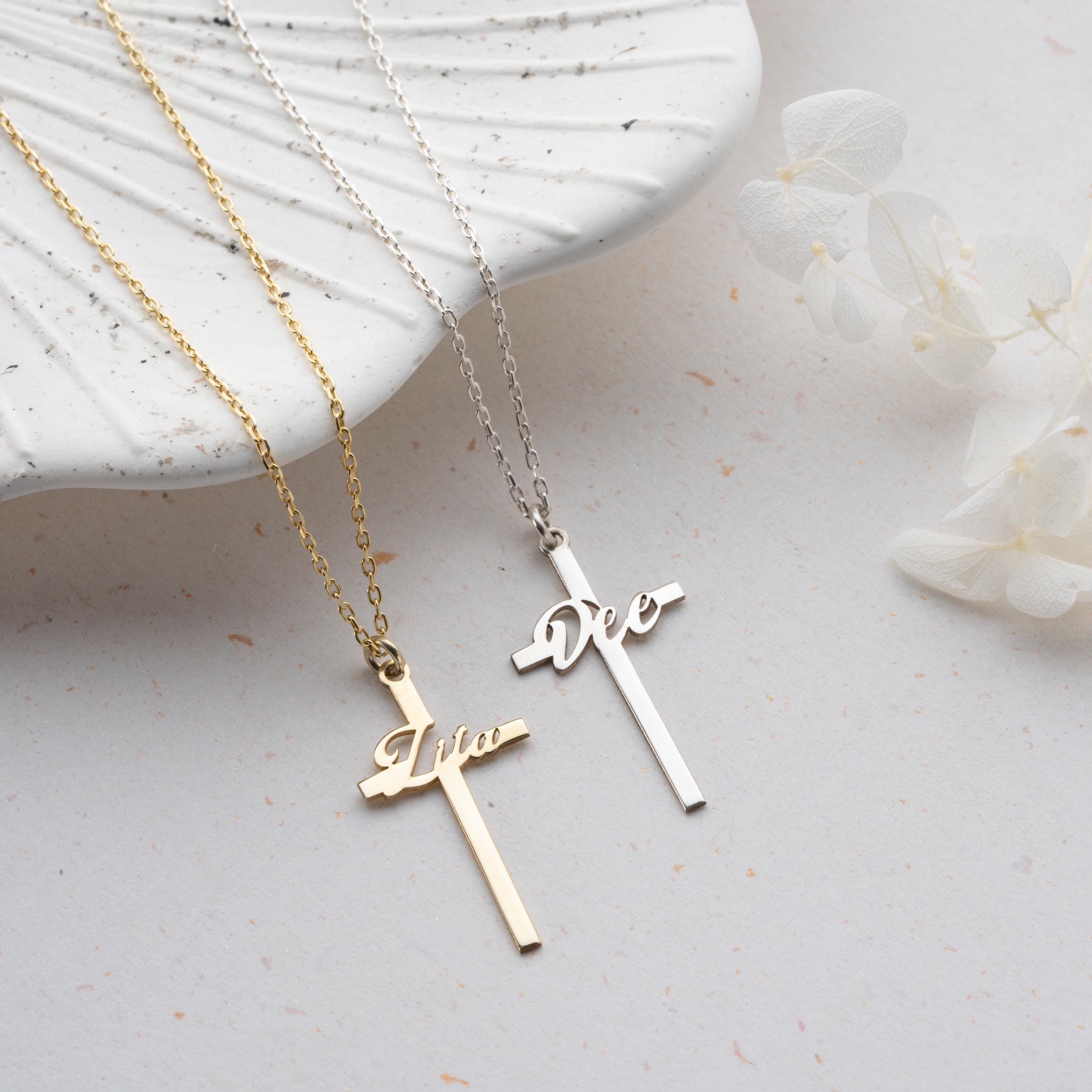 14k Gold Cross Name Necklace, Baptism Gift, Personalized Cross Necklace ...