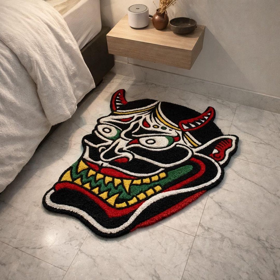Hannya Mask Tattoo Rug | Traditional Japanese Oni Decor | Hand Tufted ...