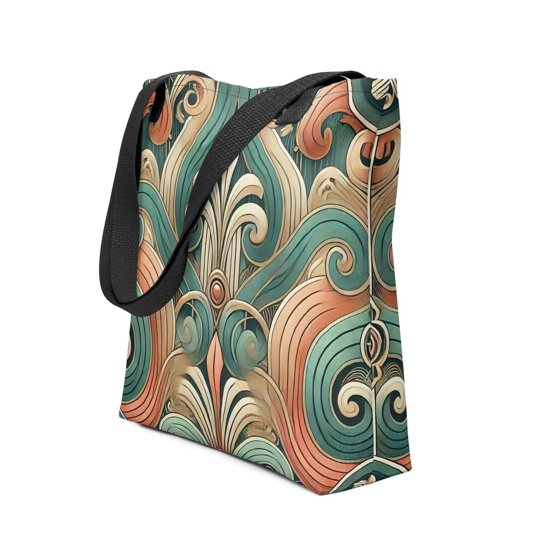 Art Deco Fabric Tote Bag | Golden, Green & Orange Design | Retro ...