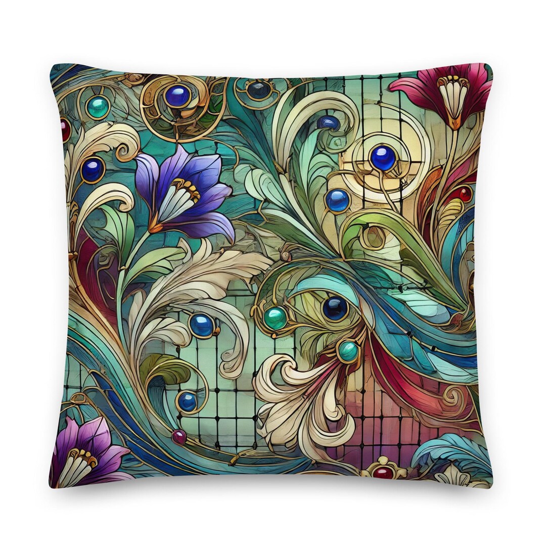 Decorative Pillow – Tiffany Stained Glass Art Nouveau With Botanical ...
