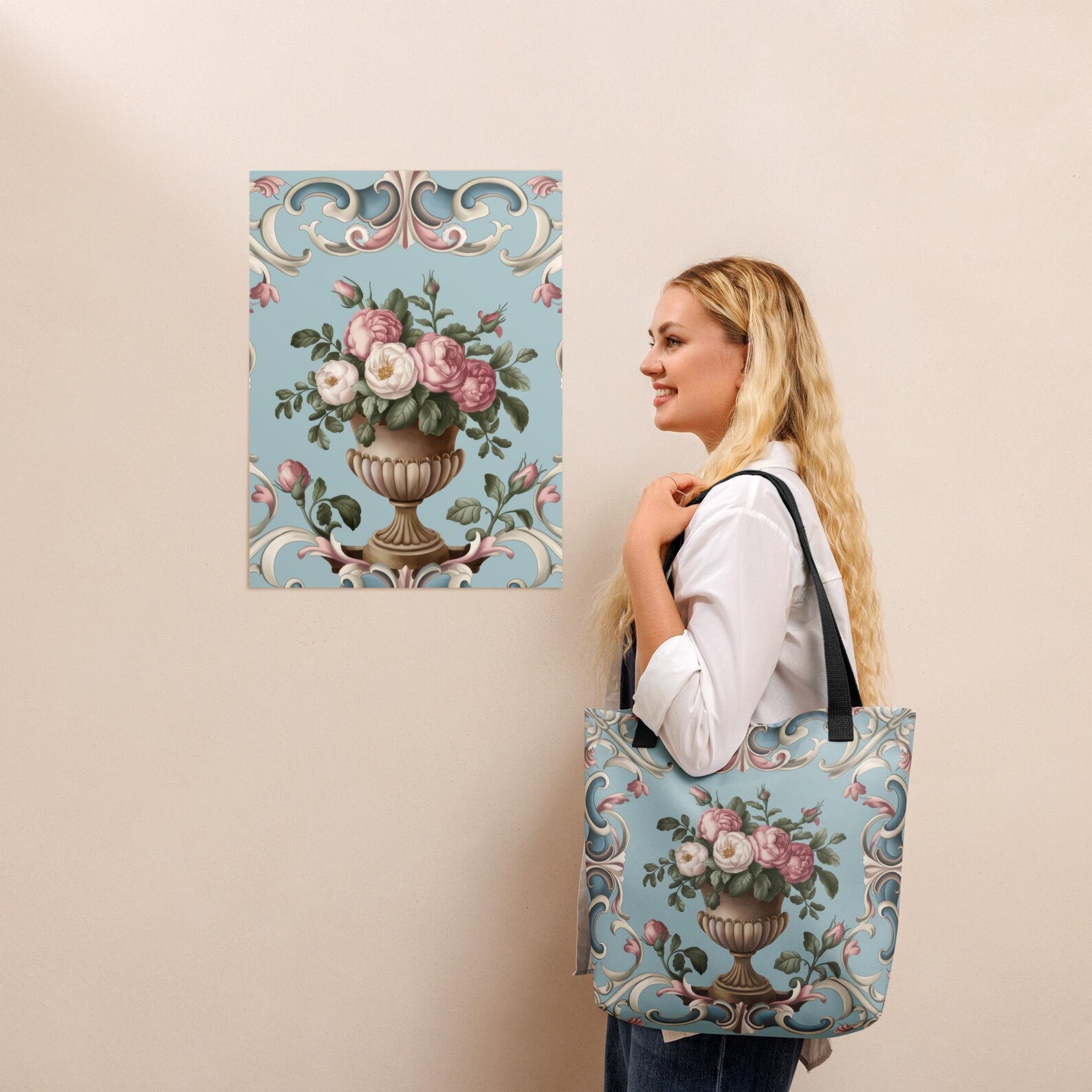 Vintage Baroque Floral Tote Bag – Blue & Rose Urn Print - Etsy