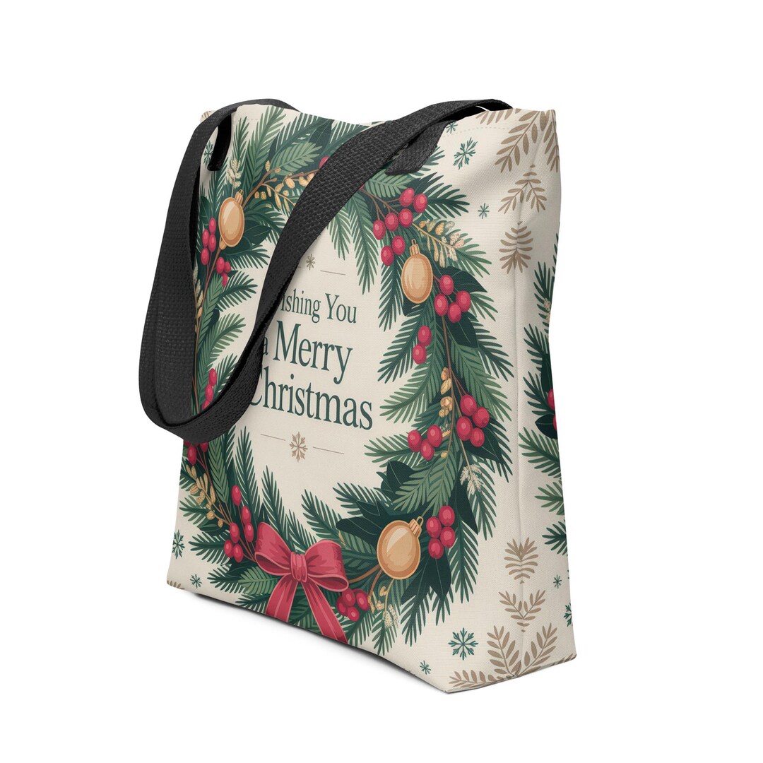 Christmas Wreath Tote Bag – Holiday Shopper With “wishing You a Merry ...