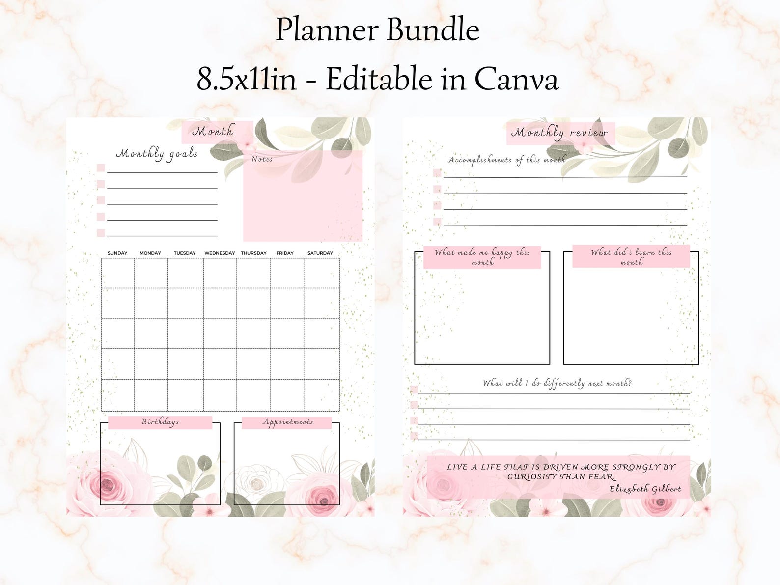 Printable Planner Bundle, Floral Planner, Editable Canva Template ...