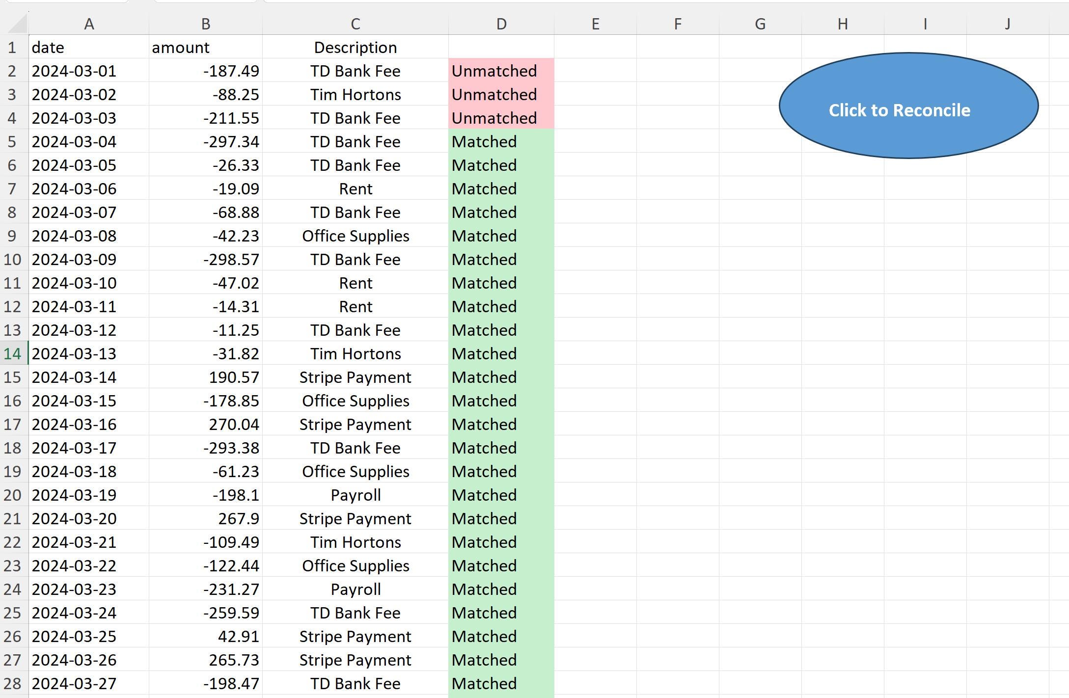 Bank Reconciliation Excel Template | Auto Match Transactions | One ...