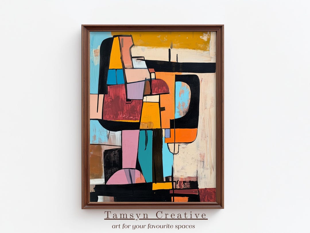 Digital Printable Download Art Print, Colorful Midcentury Retro Cubist ...
