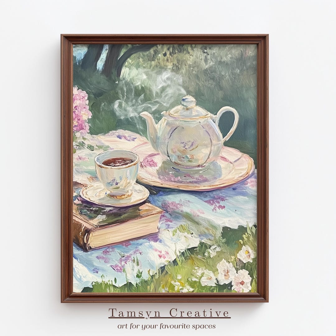 Impressionist Vintage Teapot Oil Painting Print, Tea Time Garden Art ...