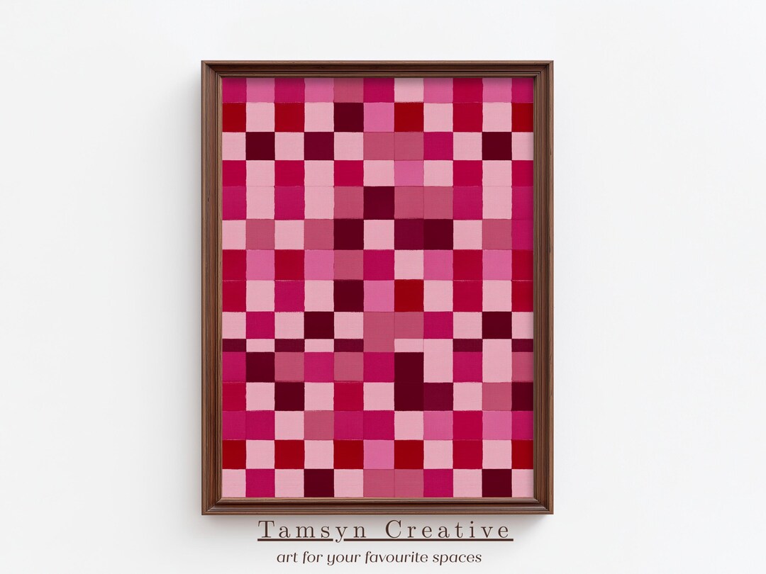 Textural Pink Red Checkered Abstract Wall Art Print, Modern Geometric ...
